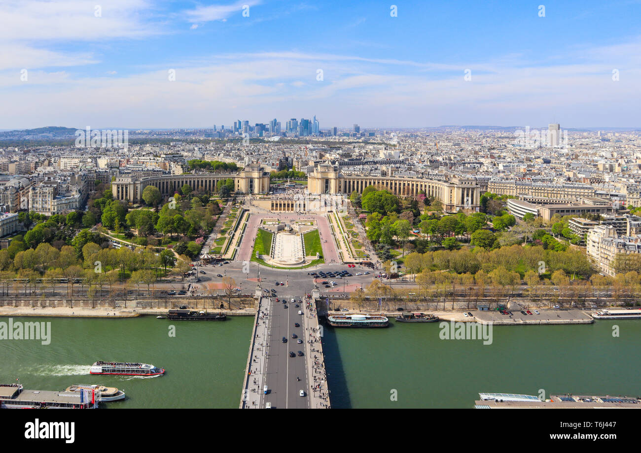 Aerial view of Paris city and Seine river from Eiffel Tower. France ...
