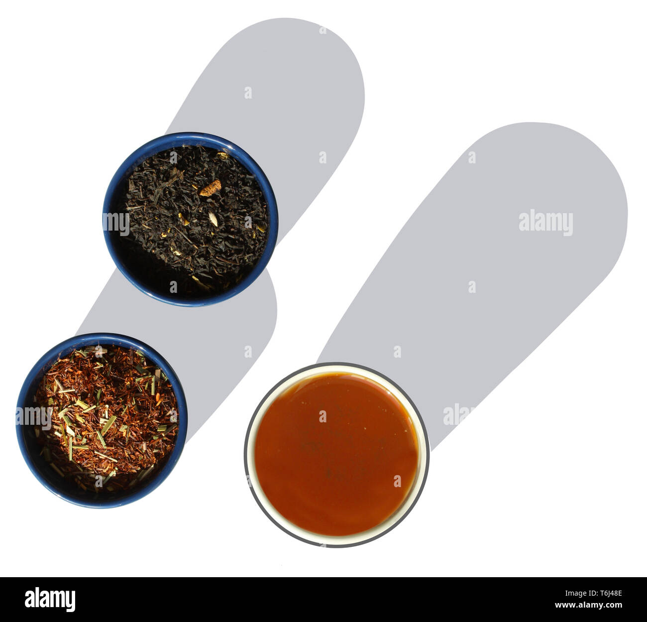 Different sorts of tea leaves in round bowls isolated on white ...