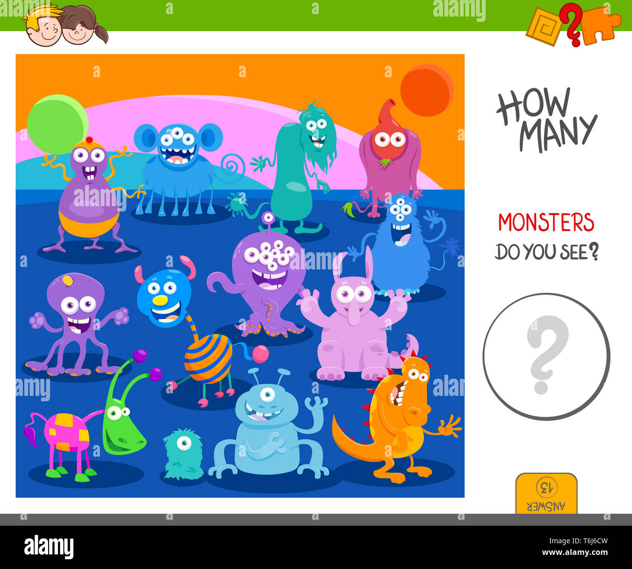 count the funny monsters activity worksheet Stock Photo - Alamy