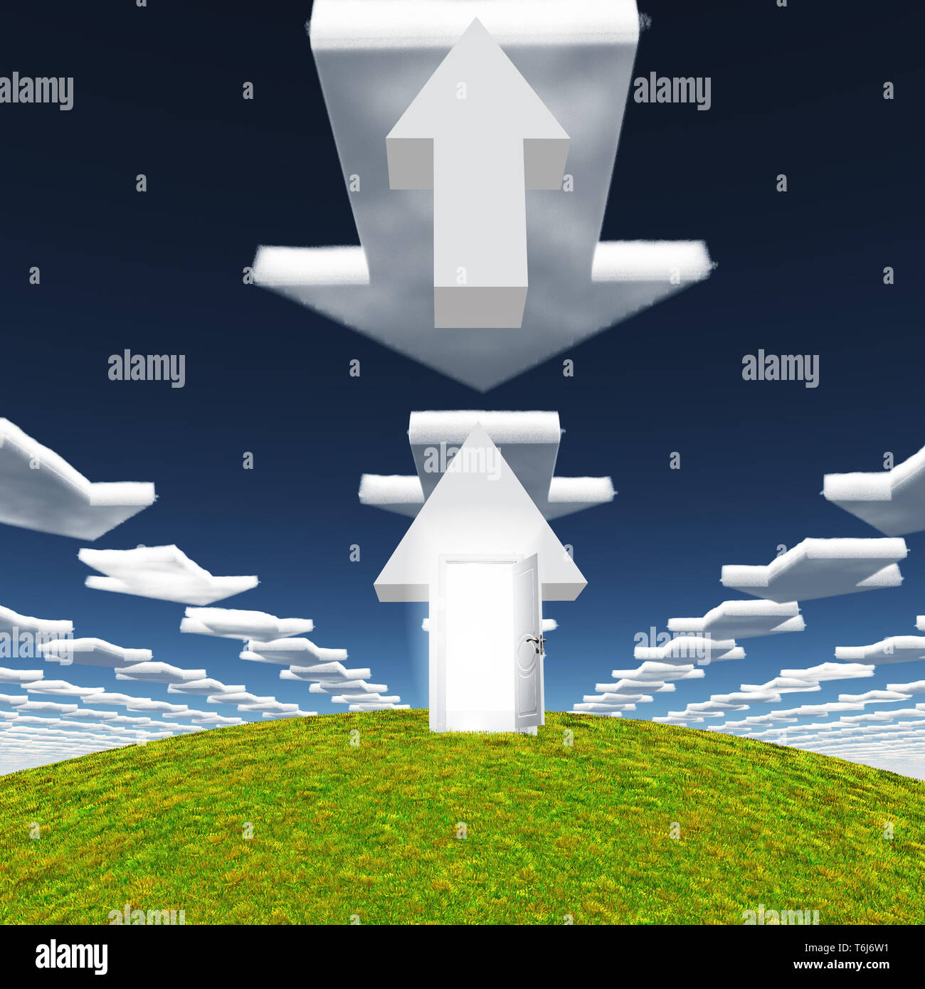 Arrow with open door points toward sky filled with arrows clouds ...