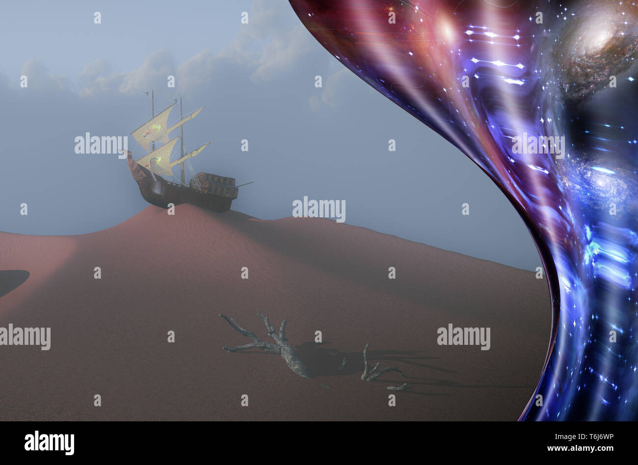 Complex surreal painting. Ancient ship on a sand dune. Warped space ...