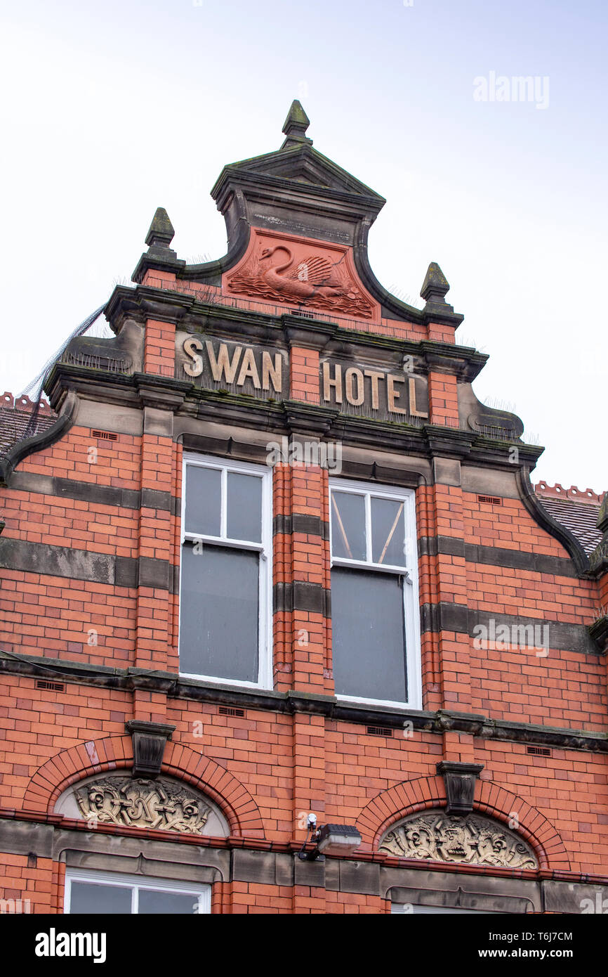 Victorian Swan hotel detail with sign in Sandbach Cheshire UK Stock ...