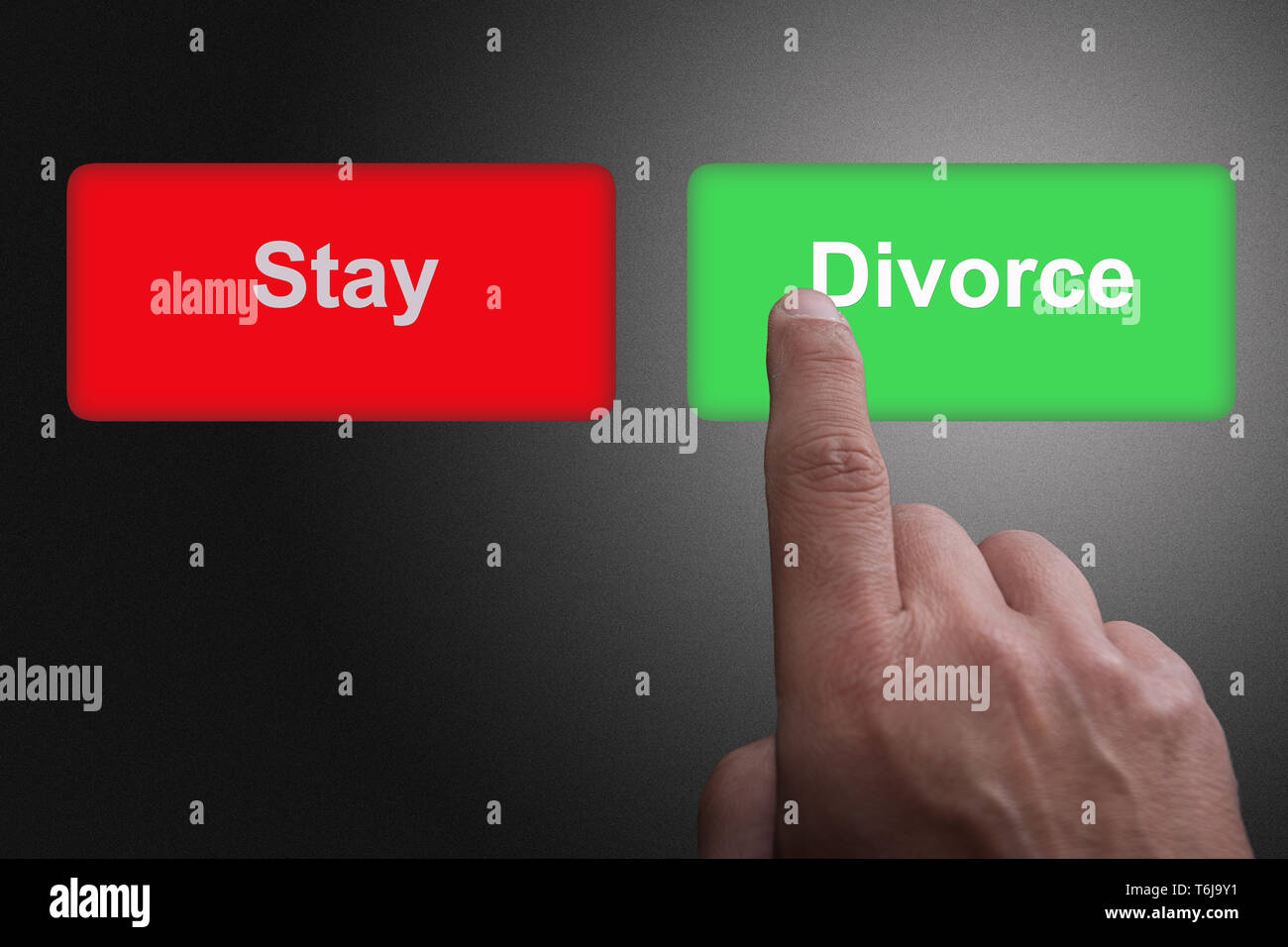 Buttons with written stay and divorce and pointing finger, on a gray ...