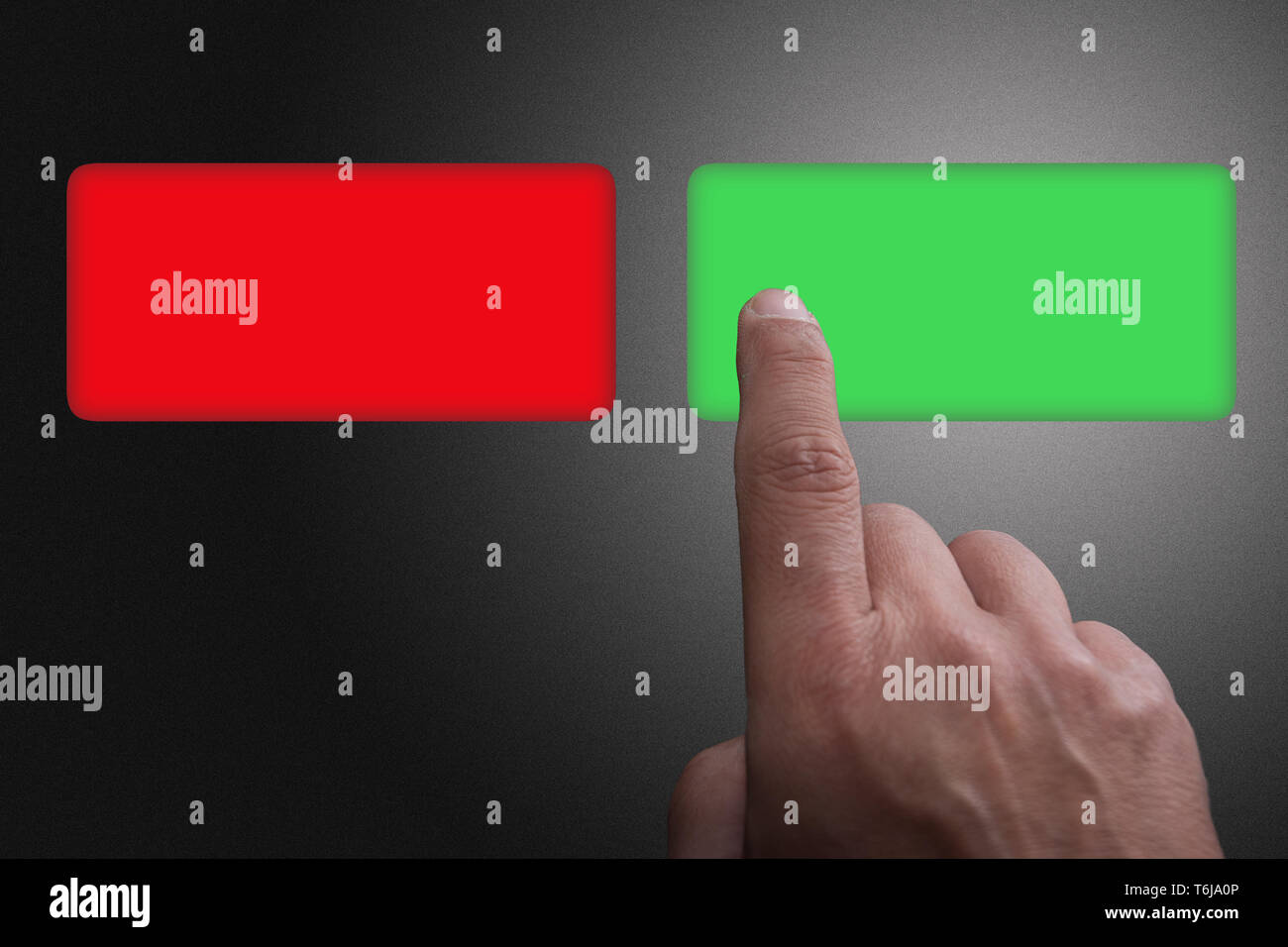 Two Buttons with copy space, green and red, and finger pointing, on a ...