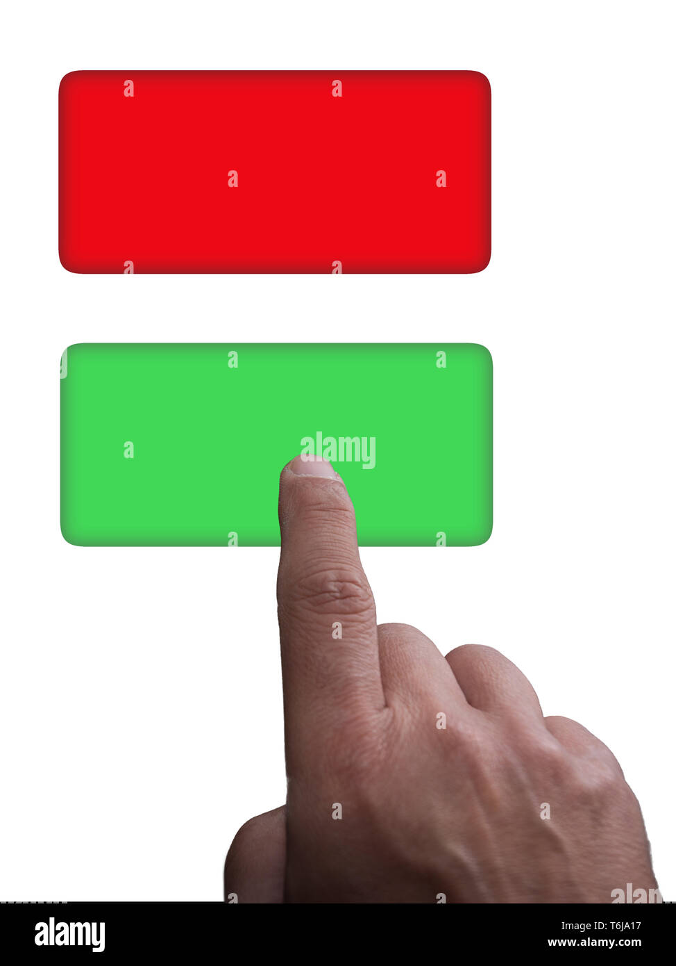 Buttons with copy space, green and red, and finger pointing, on a white ...