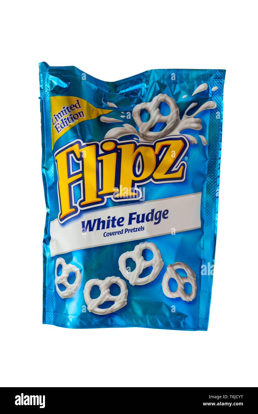 Packet of limited edition Flipz White Fudge covered pretzels isolated ...