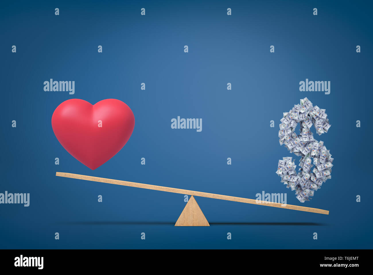 3d rendering of heart love symbol and money dollar symbol on seesaw on ...