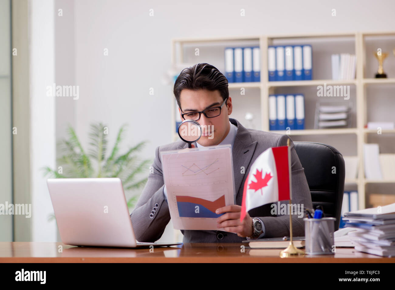 Businessman with Canadian flag in office Stock Photo - Alamy