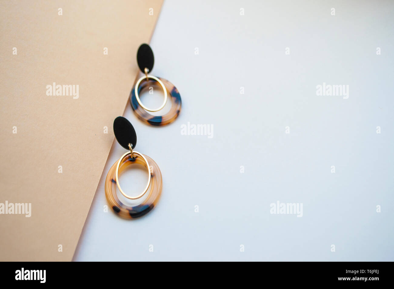 Earrings with leopard print on beige and brown color background with ...