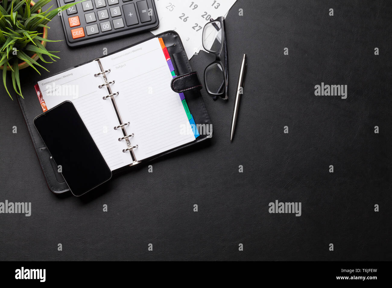 Office workplace table with supplies and smartphone. Flat lay. Top view ...