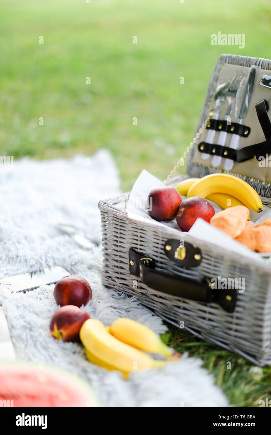 Convenient organizer for food, fruits on plaid and grass Stock Photo ...