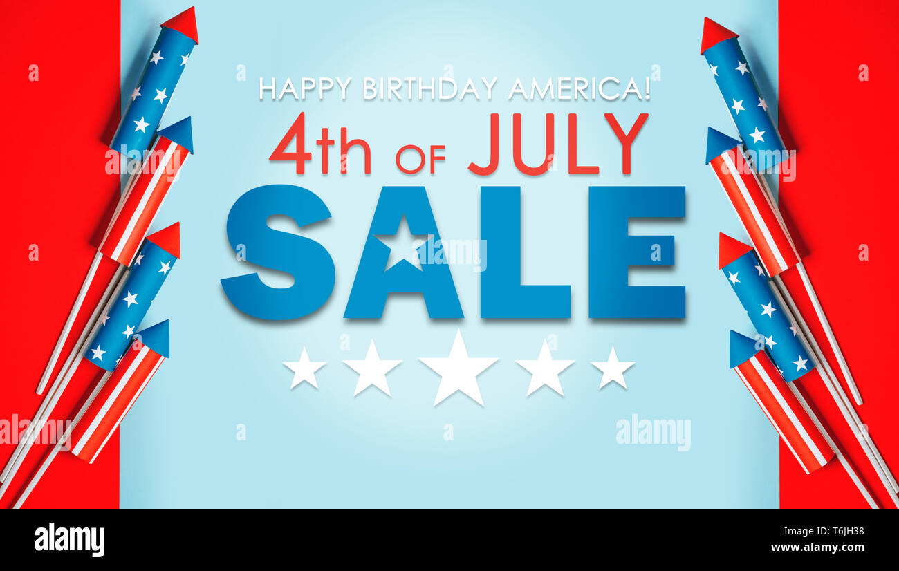 July 4, rockets for fireworks on a blue red background with space for ...