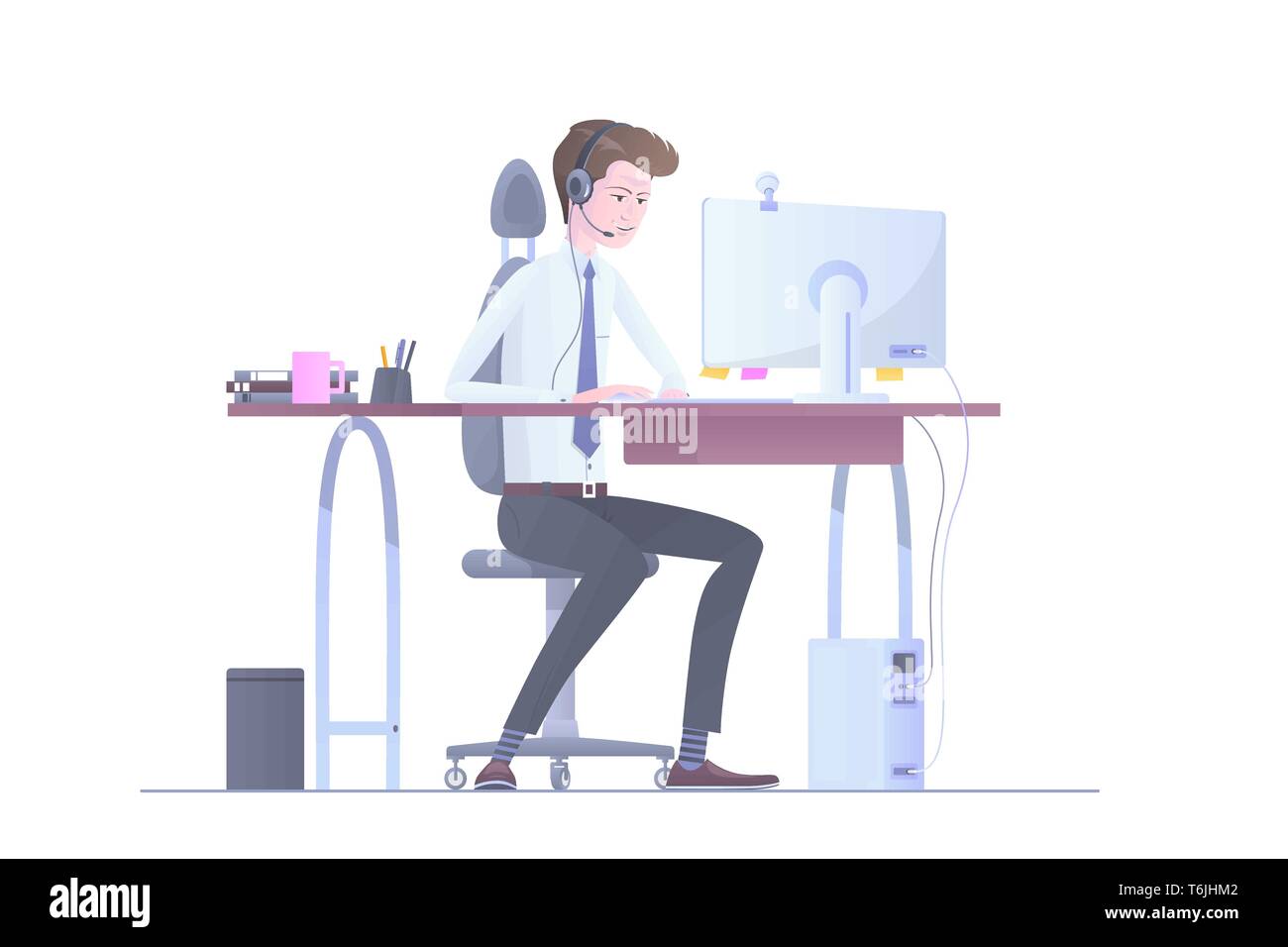 Call center operator is at work are talking with a client he is smiling ...