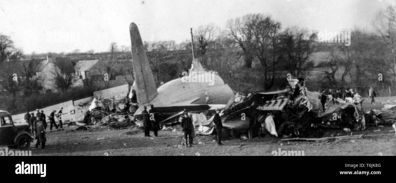 The wreckage of the Tudor V airliner which crashed into a field in ...
