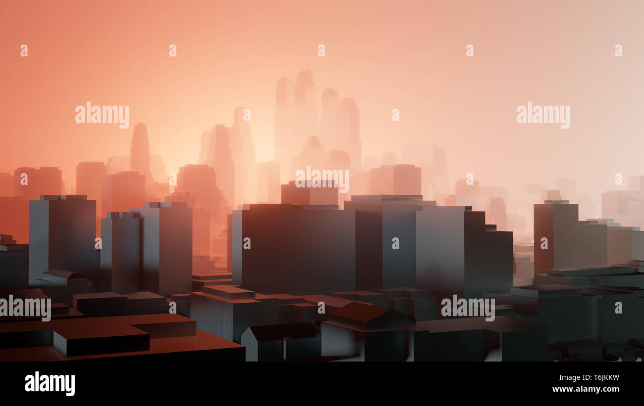 City in red fog. Air pollution or military action Stock Photo - Alamy