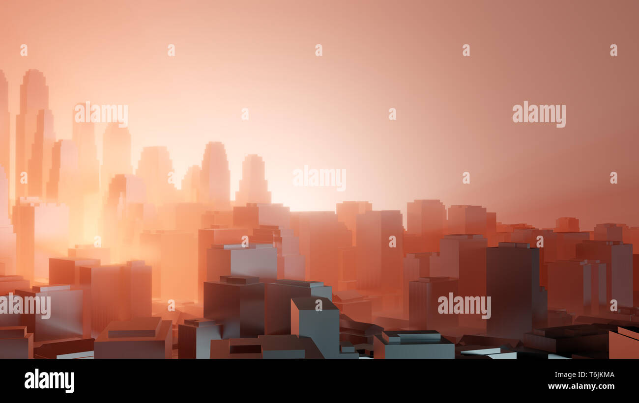 City in red fog. Air pollution or military action Stock Photo - Alamy