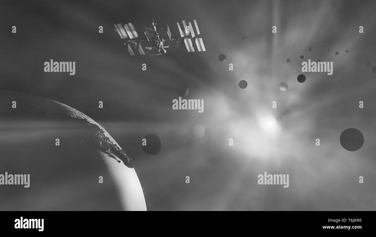 Planets, ISS and the sun in cosmic fog. 3D illustration Stock Photo - Alamy