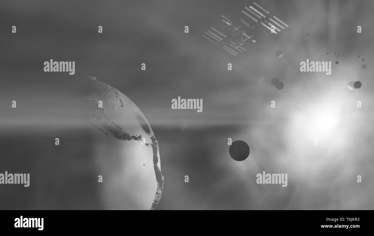 Planets, ISS and the sun in cosmic fog. 3D illustration Stock Photo - Alamy