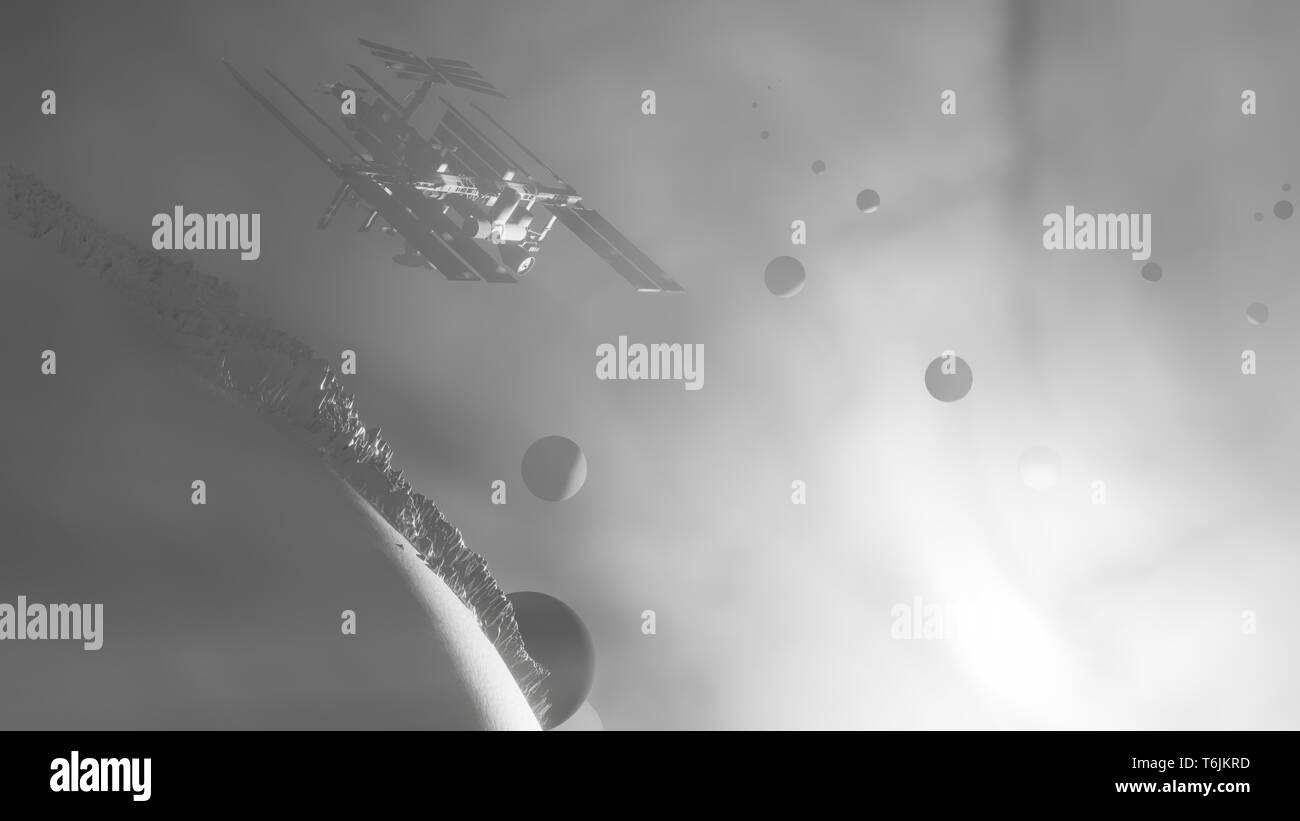 Planets, ISS and the sun in cosmic fog. 3D illustration Stock Photo - Alamy