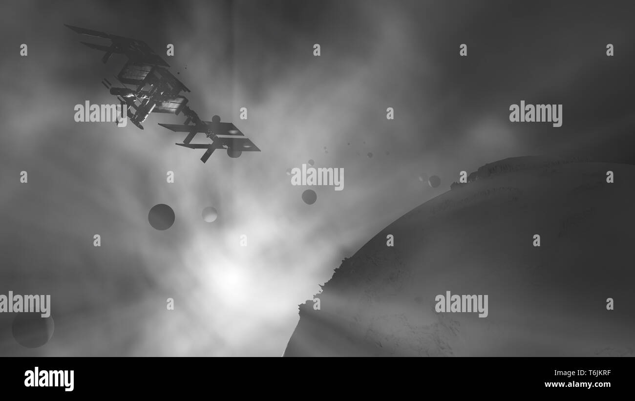 Planets, ISS and the sun in cosmic fog. 3D illustration Stock Photo - Alamy