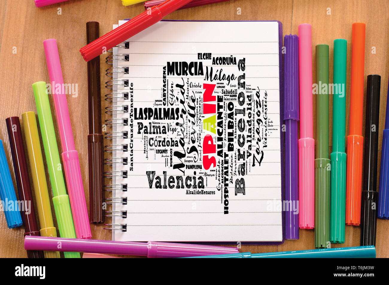 Cities in Spain word cloud over notepad background travel concept Stock ...