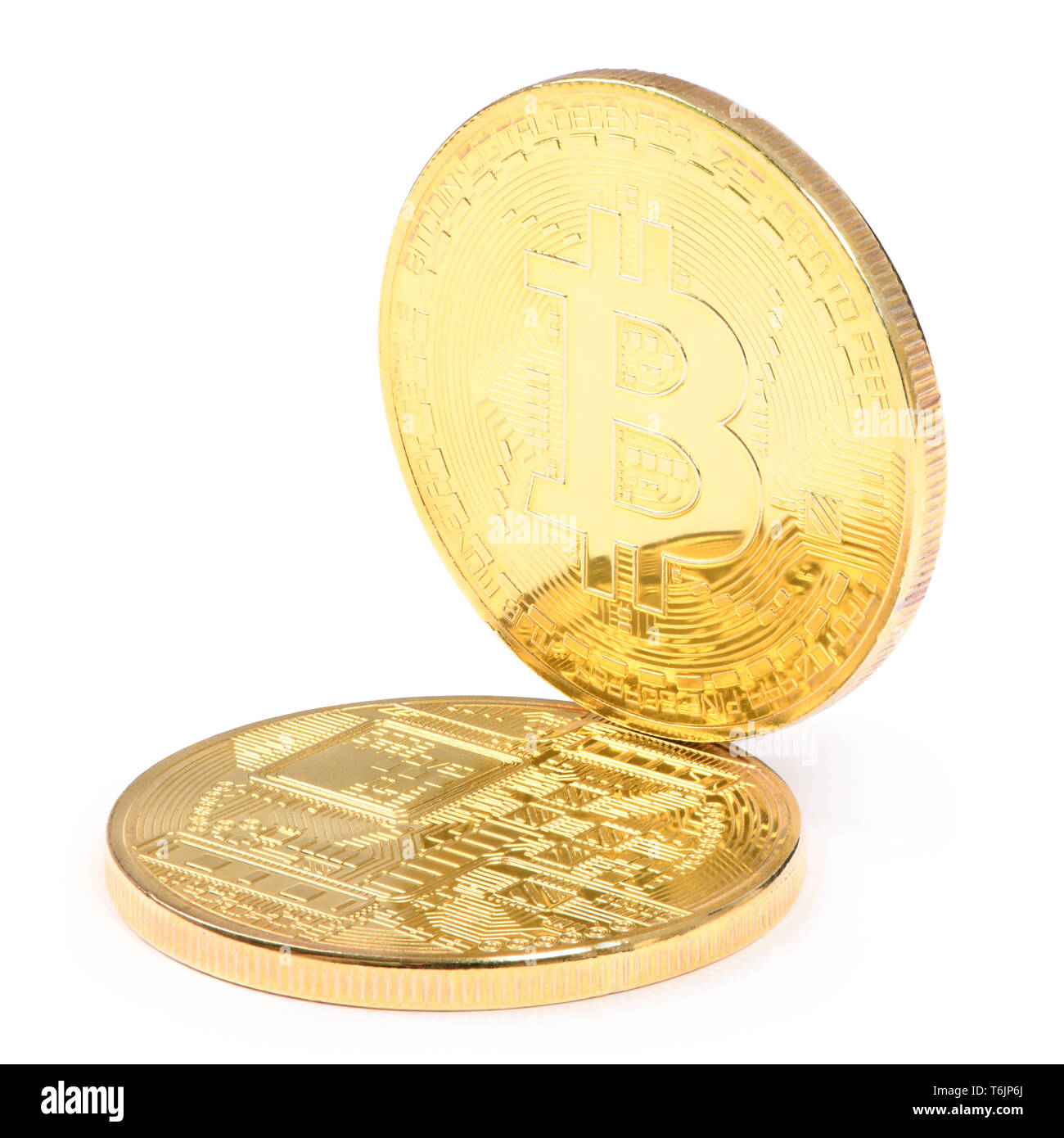 Golden bitcoin isolated on white background. Front and back sides are ...