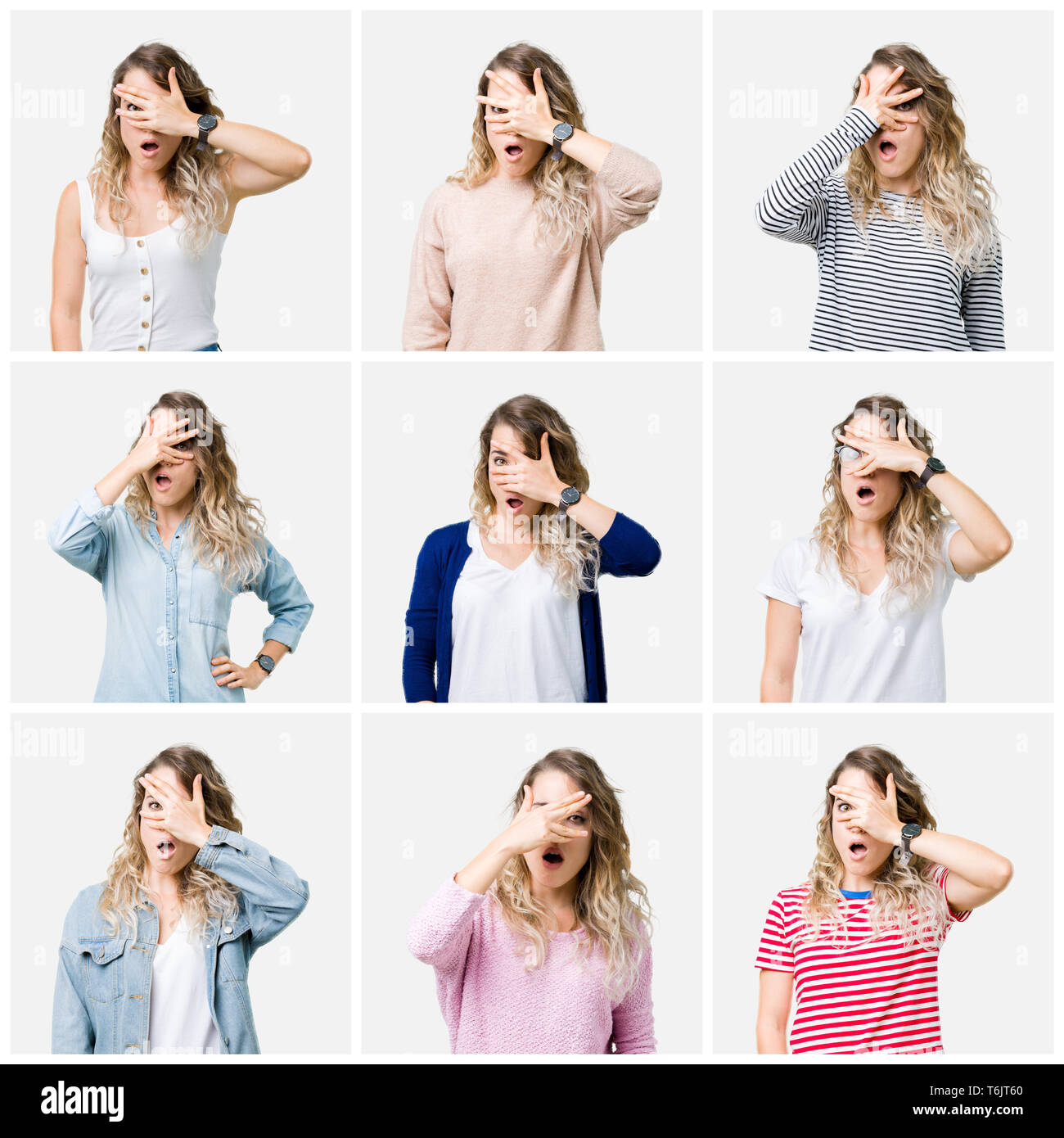 Collage of young beautiful blonde girl over isolated background peeking ...