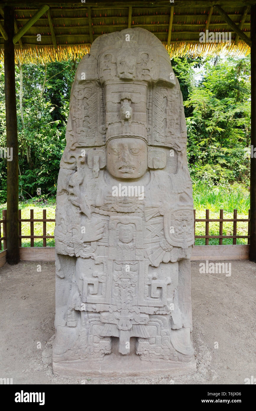 Mayan ruins - Standing stone Stele K erected by ruler Jade Sky in the ...