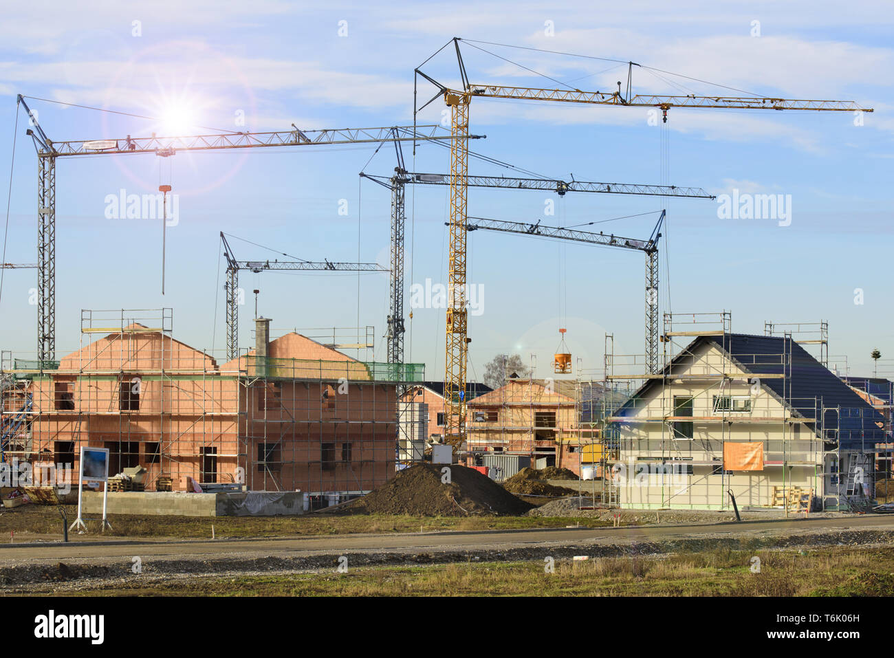 panoramic view to construction site of new build residential houses ...