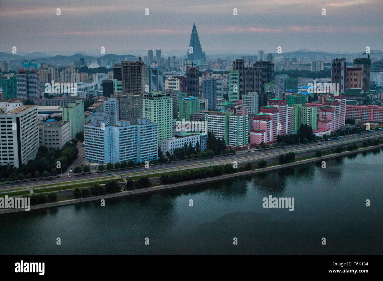 A view across the Taedong river from the Yanggakdo Hotel in Pyongyang ...