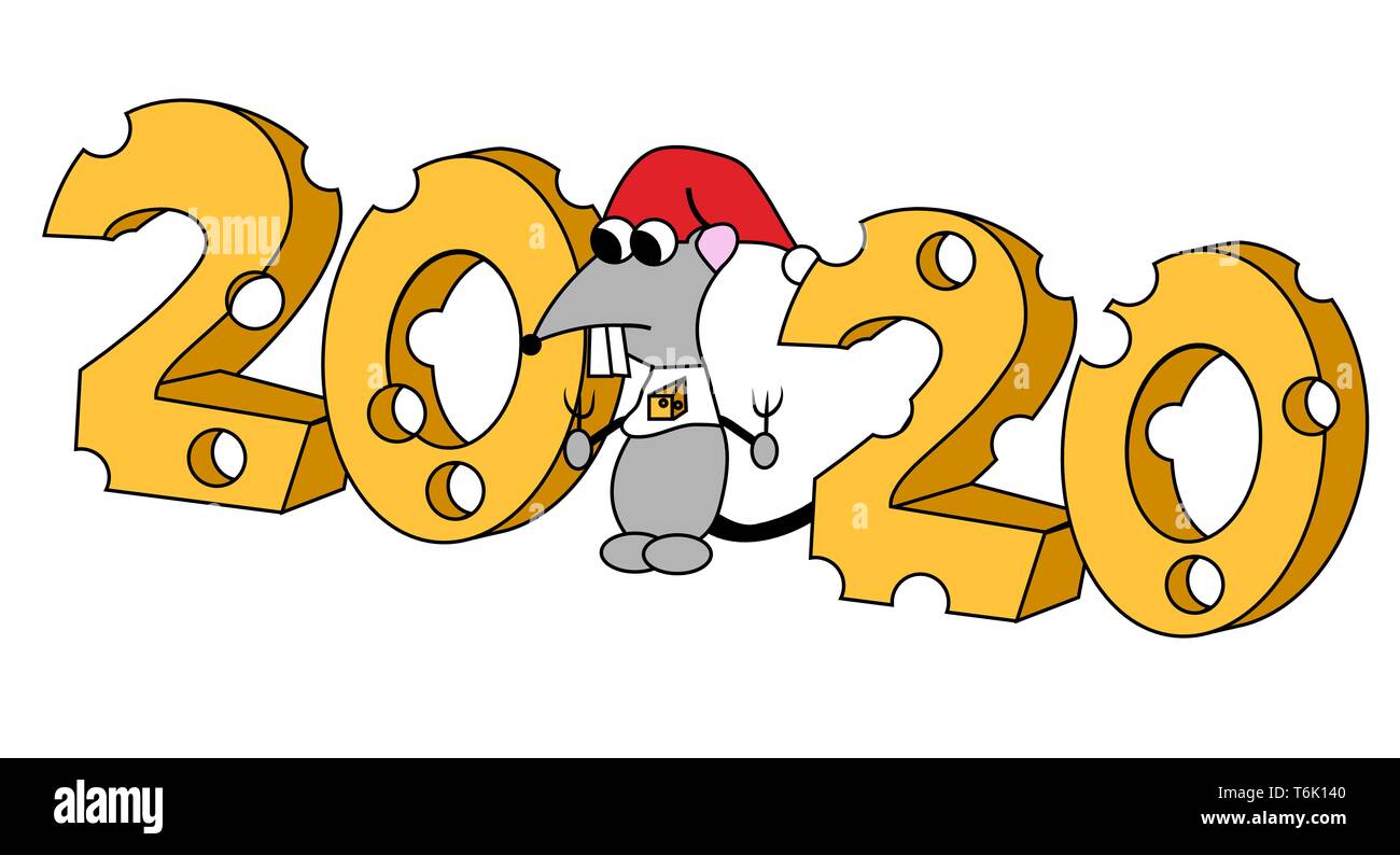 2020 in cheese shape with hungry character. Year of the rat . Isolated ...