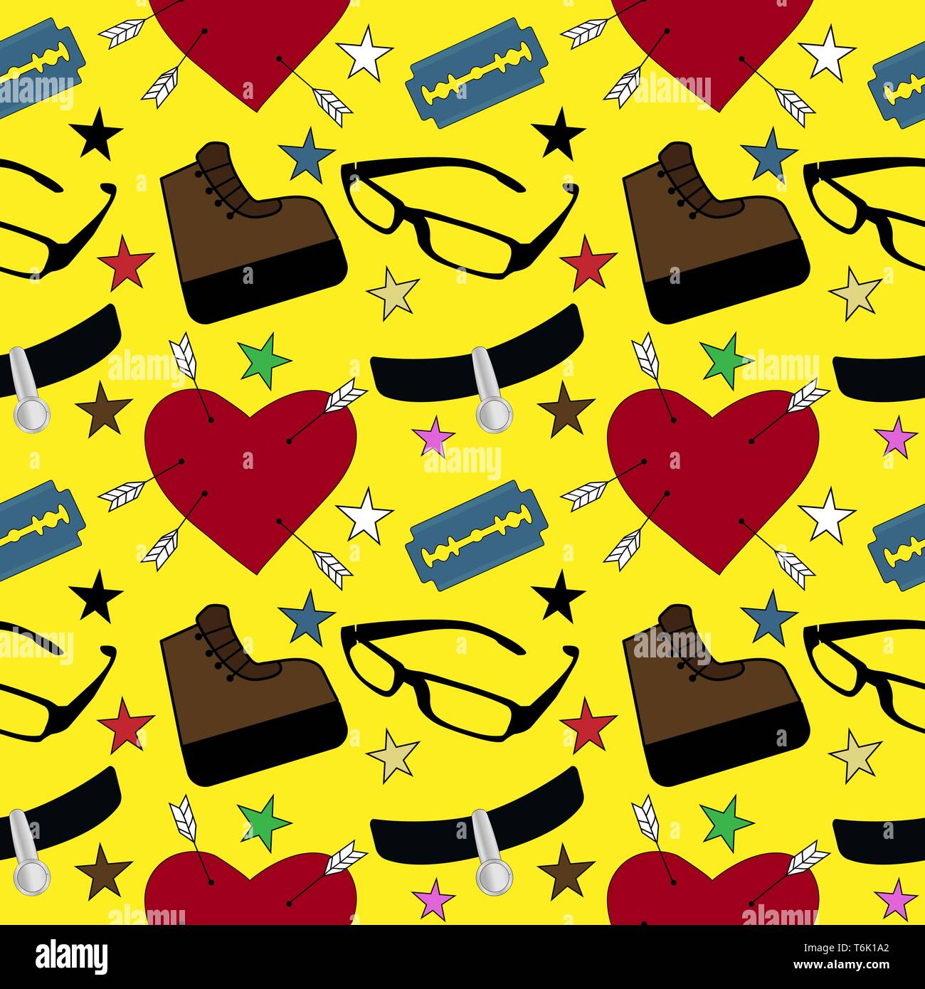 teenage girl stuff with yellow background. Seamless pattern Stock ...