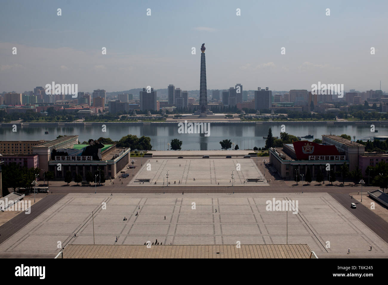 The Juche Idea Tower is seen across the Taedong River beyond Kim Il ...