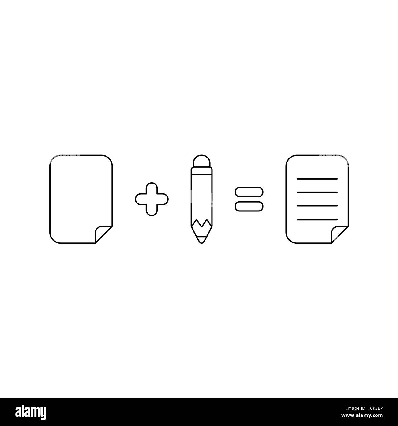 Vector icon concept of paper plus pencil equals written paper. Black ...