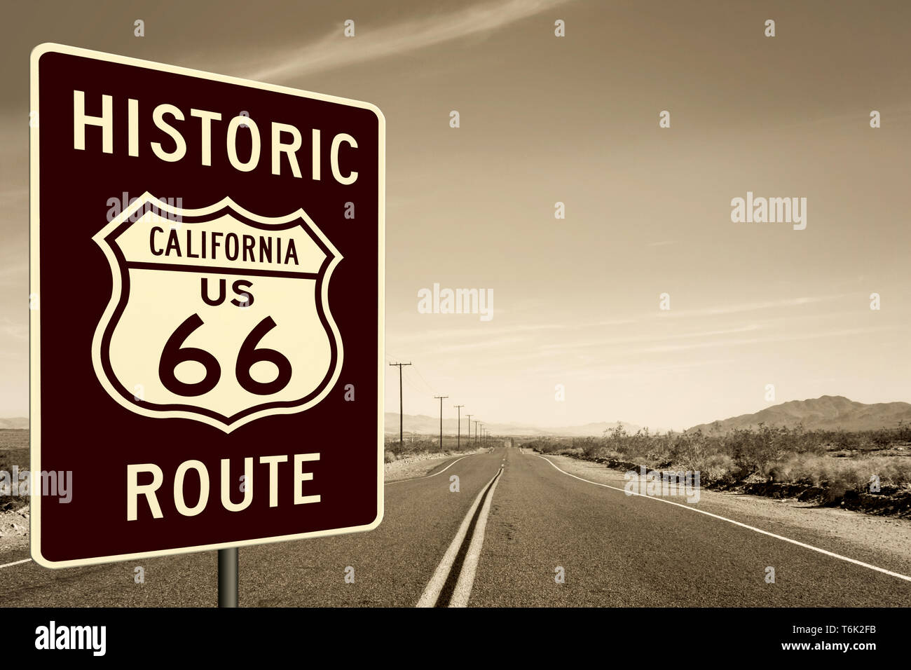Route 66 road sign with a background view of Tthe Mother Road (Route 66 ...