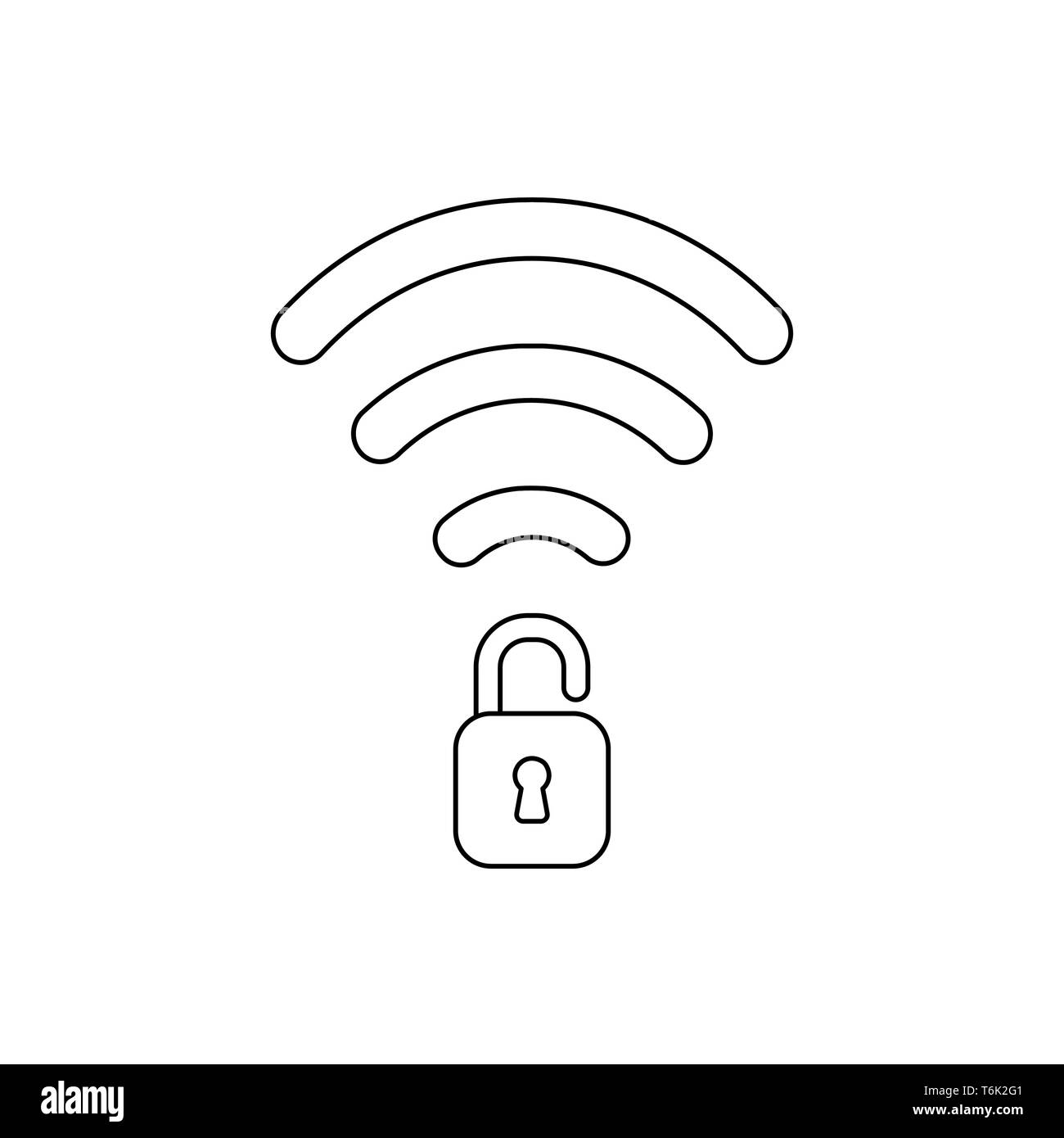 Vector icon concept of wireless symbol with opened padlock. Black ...