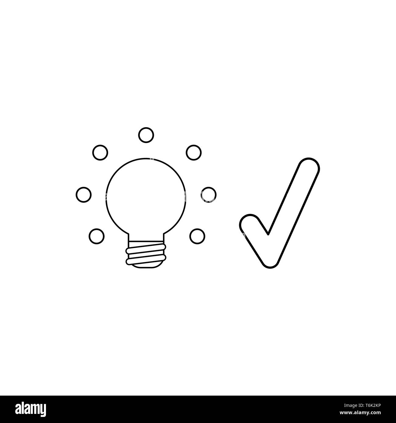 Vector icon concept of glowing light bulb with check mark. Black ...