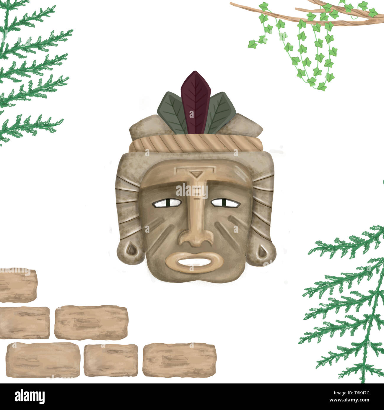 Ethnic tribal mask. Watercolor cartoon illustration. Wooden mask of ...