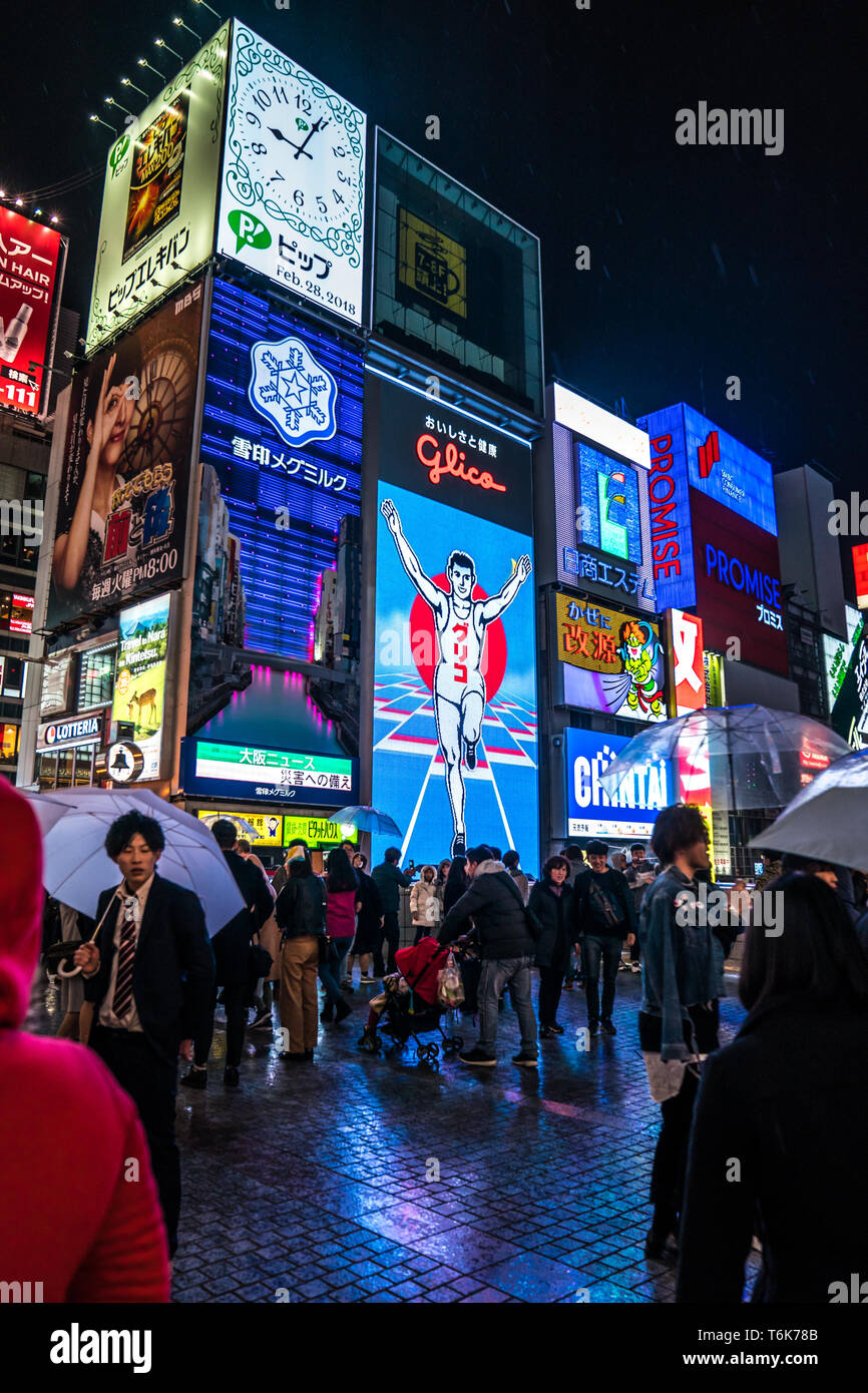 Osaka, Japan - 28 Feb 2018: The Gulico man digital signage billboard is ...