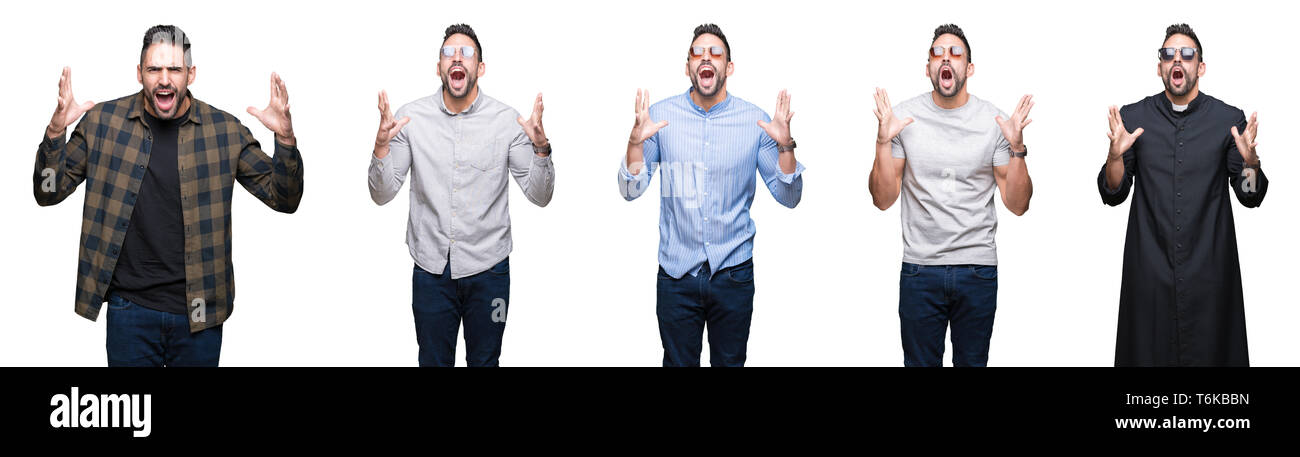 Collage of handsome man over white isolated background crazy and mad ...