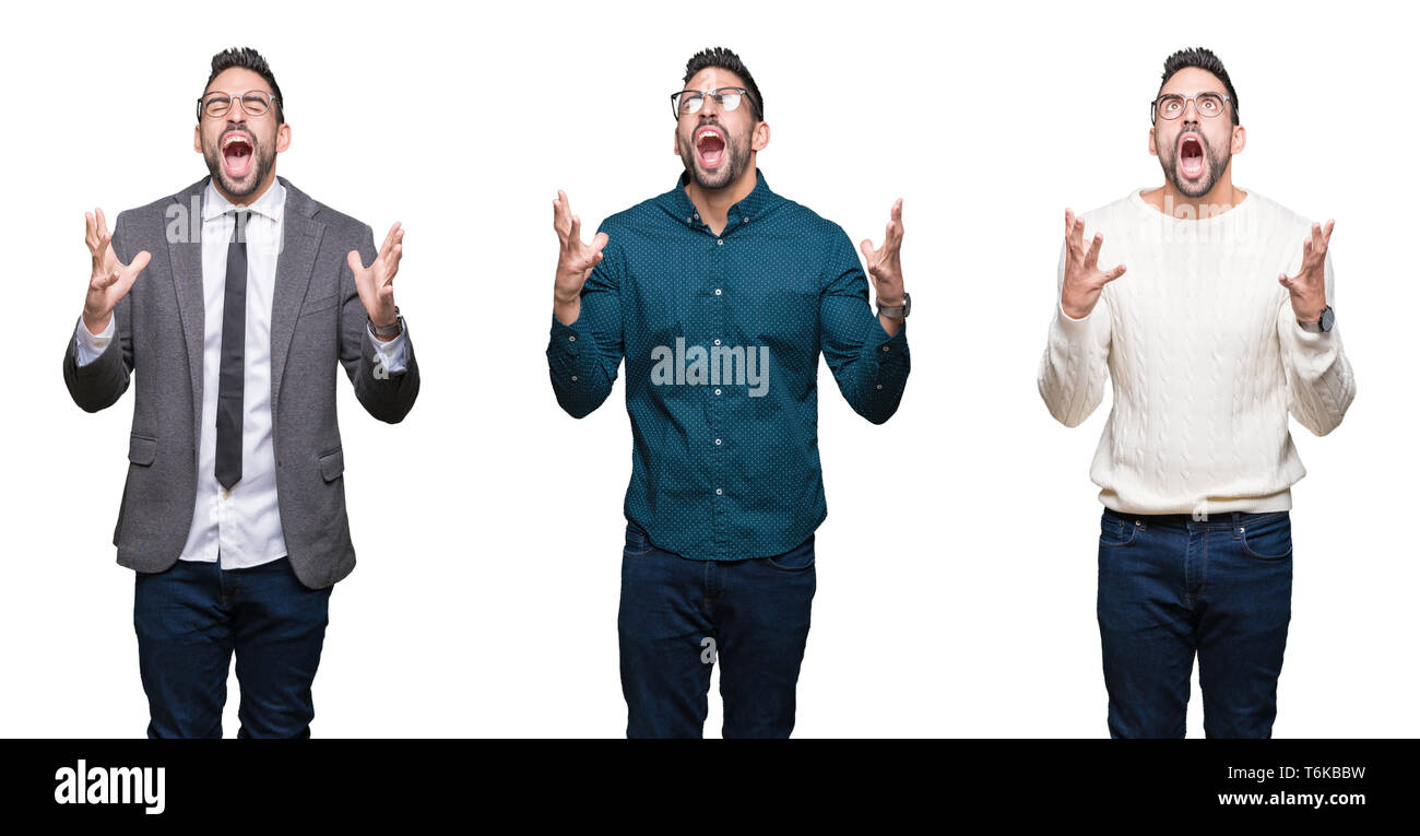 Collage of handsome business man over white isolated background crazy ...