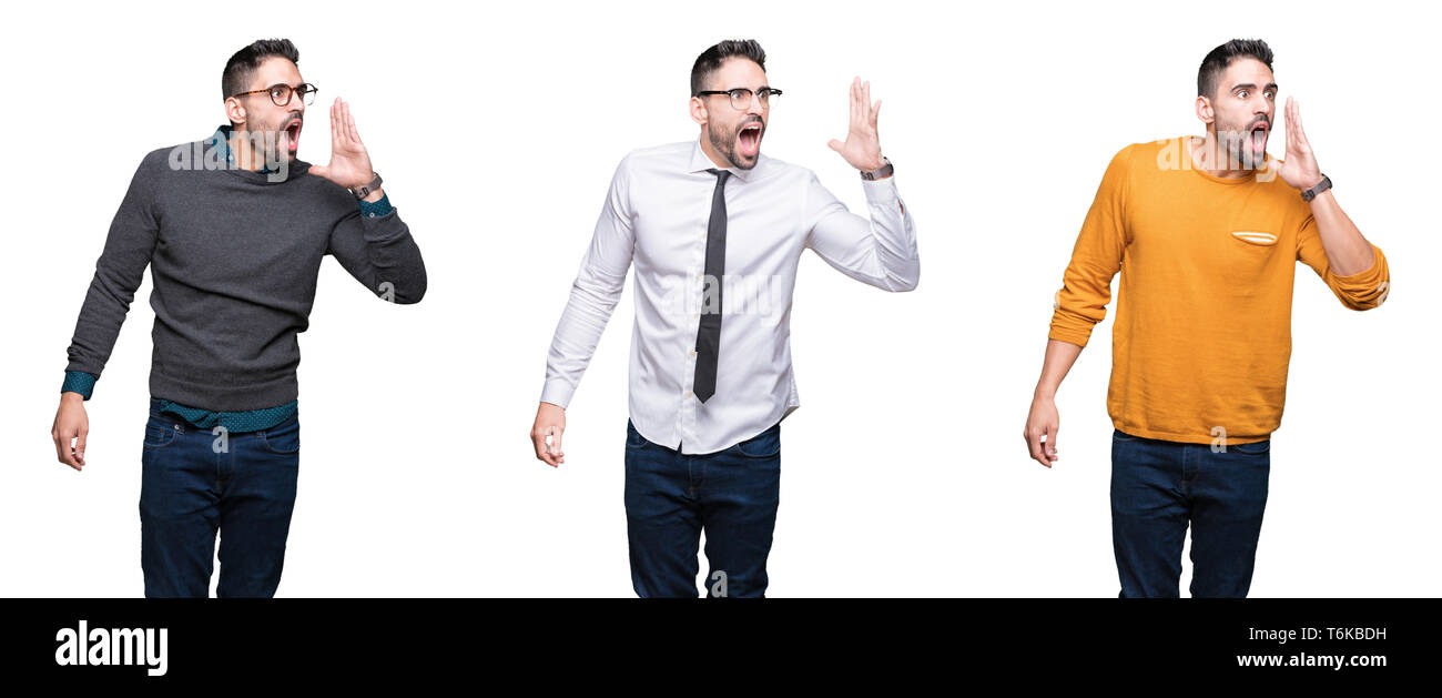 Collage of handsome man over white isolated background shouting and ...
