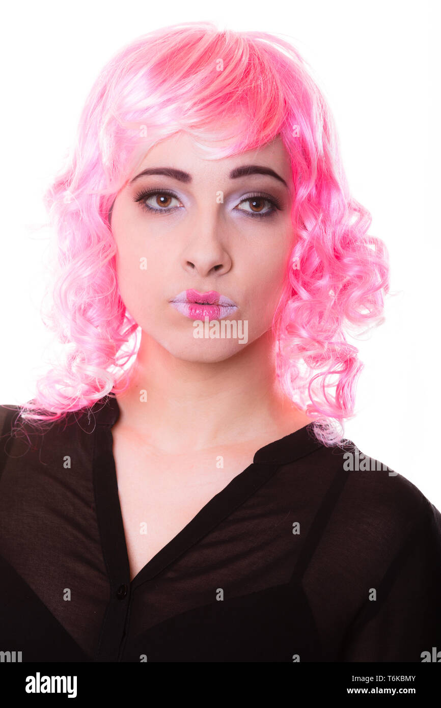 Portrait woman with pink wig creative visage makeup isolated on white ...