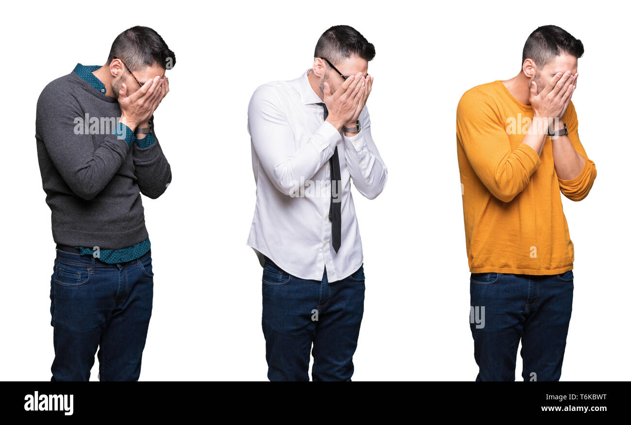 Collage of handsome man over white isolated background with sad ...