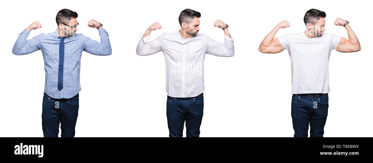 Collage of handsome business man over white isolated background showing ...