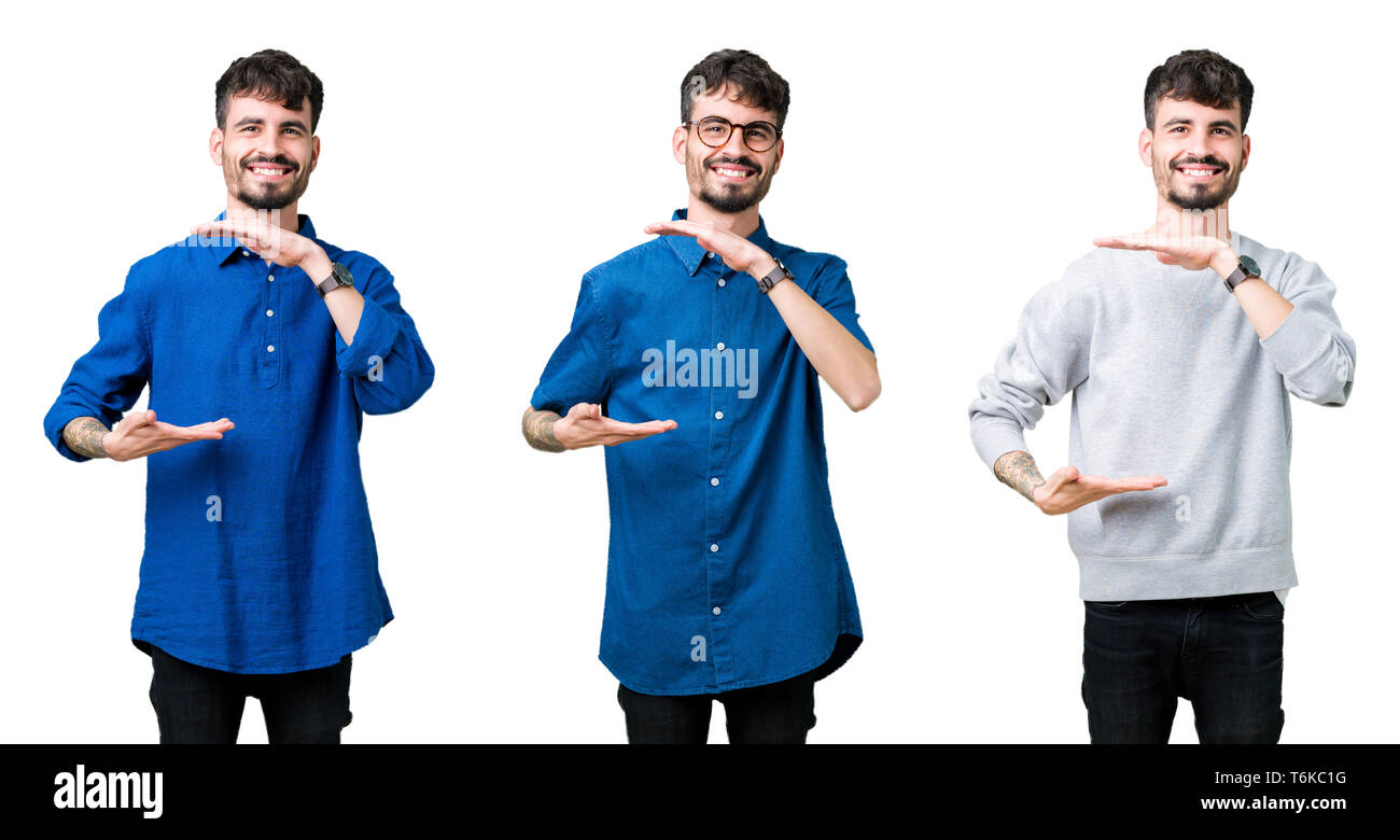 Collage of young man over isolated background gesturing with hands ...