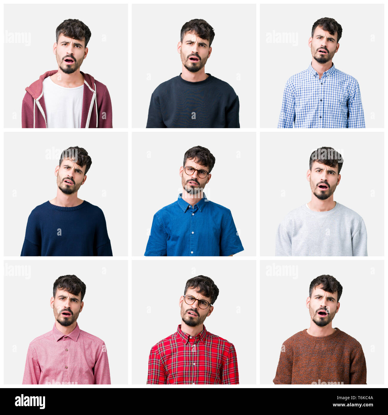 Collage of young man over isolated background In shock face, looking ...