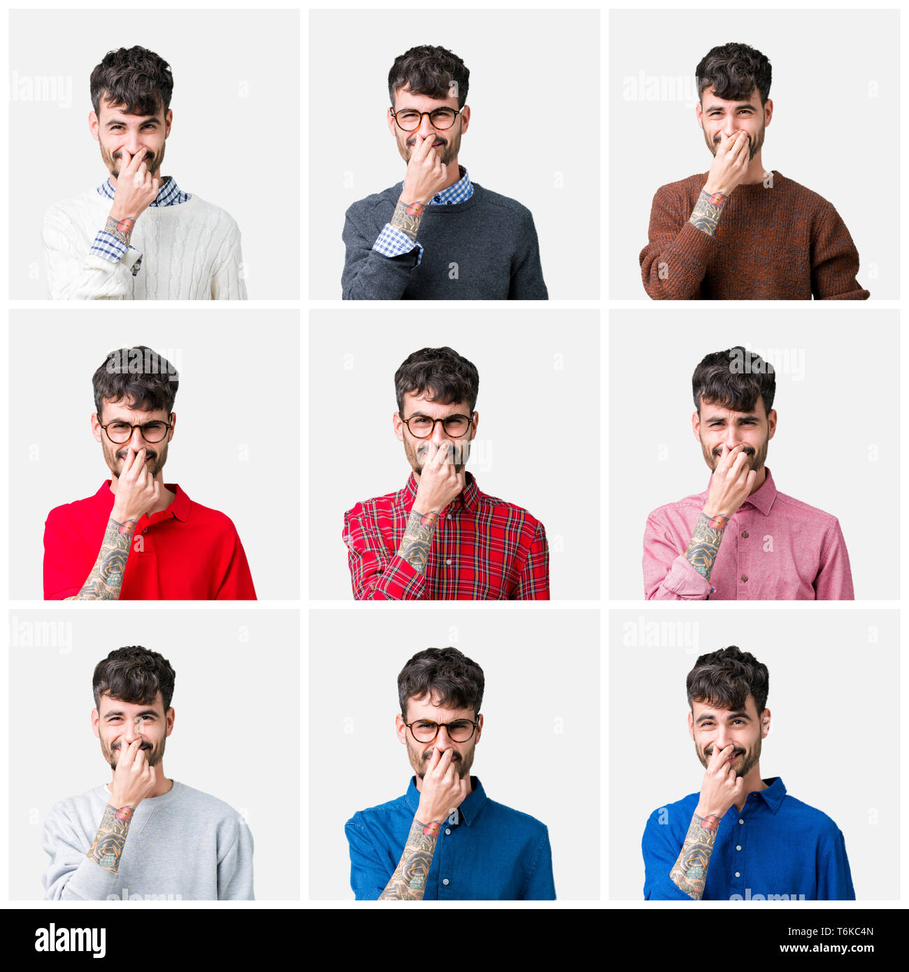Collage of young man over isolated background smelling something stinky ...
