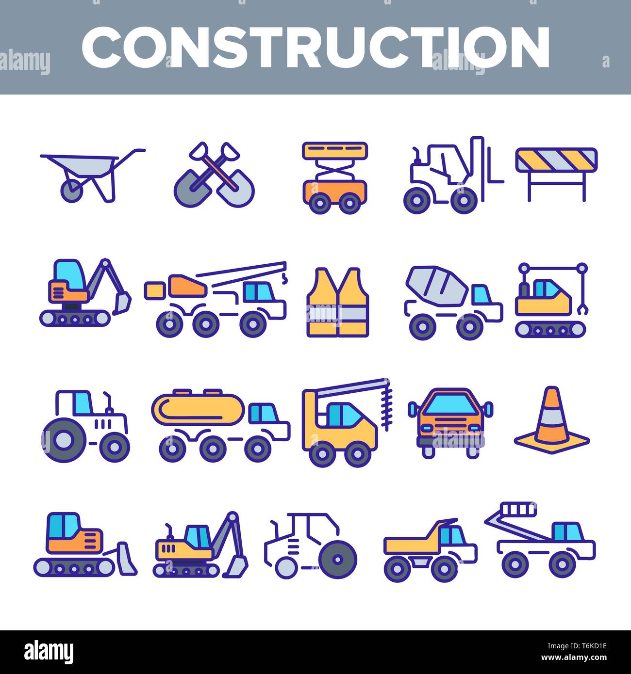 Construction Work Elements Linear Vector Icons Set Stock Vector Image ...