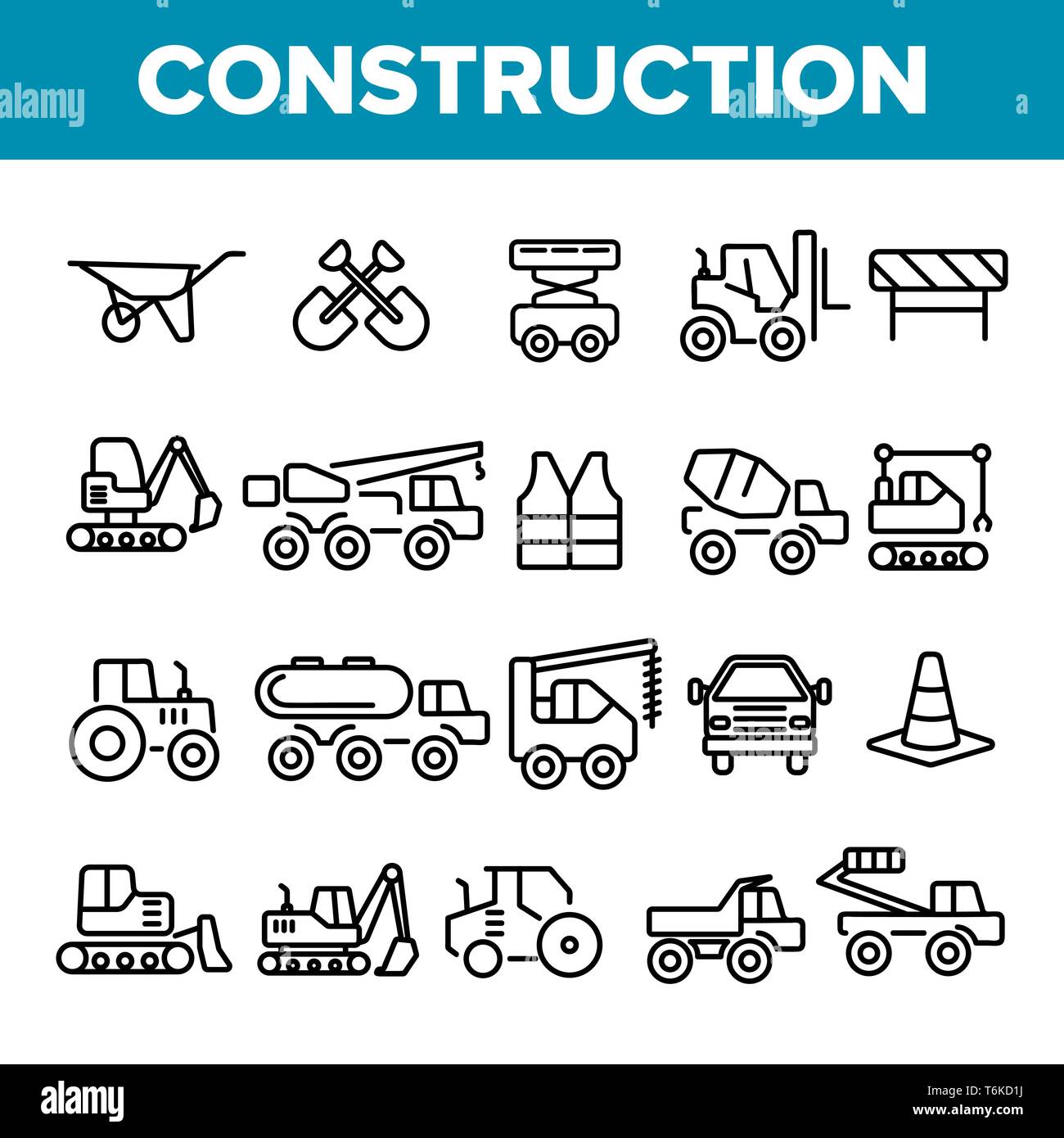 Construction Work Elements Linear Vector Icons Set Stock Vector Image ...